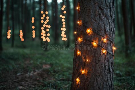 A Single String Of Fairy Lights Wrapped Around A Tree Trunk In A Stock Image Image Of White