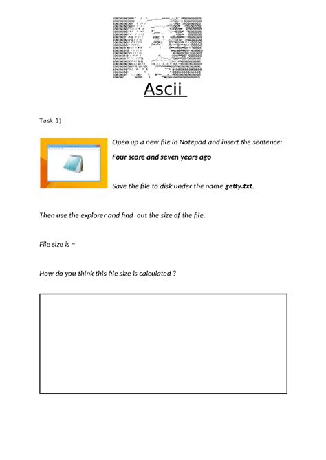 ascii worksheet 2023 ascii task 1 open up a new file in notepad and