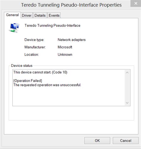 teredo tunneling pseudo interface code 10 error windows issues