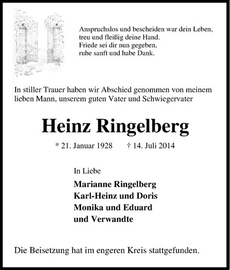 Traueranzeigen Von Heinz Ringelberg Trauer In Nrw De
