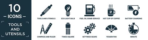 채워진 도구 및 기구 아이콘 세트입니다 평평한 도구와 기구 에코 전구 연료유 폭탄 서비스 뜨거운 커피 한 잔 배터리 충전 나침반과 수학 눈금자 타임스퀘어가 포함되어 있습니다