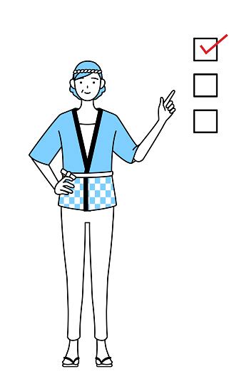 여름 축제를 위해 해피 코트를 입은 노인 여성이 체크리스트를 가리키고 있다 Awa Dance Festival에 대한 스톡 벡터