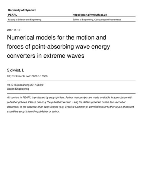 Pdf Numerical Models For The Motion And Forces Of Point Absorbing Wave Energy Converters In