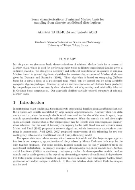 Pdf Some Characterizations Of Minimal Markov Basis For Sampling From
