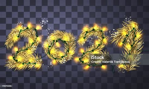 2021 년 포스터 골드 크리스마스 조명 화환 투명 한 배경에 보케와 전나무 나무의 황금 가지 벡터 일러스트 레이 션입니다 새해