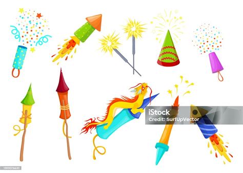 웹 디자인을 위한 다양한 다채로운 폭죽 플랫 아이템 세트 로켓에 대한 스톡 벡터 아트 및 기타 이미지 로켓 불꽃놀이 오락