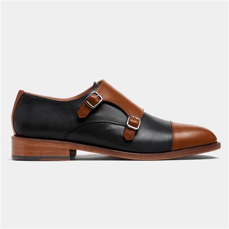 Cap Toe Double Monk Strap Shoes In Black And Brown Leather