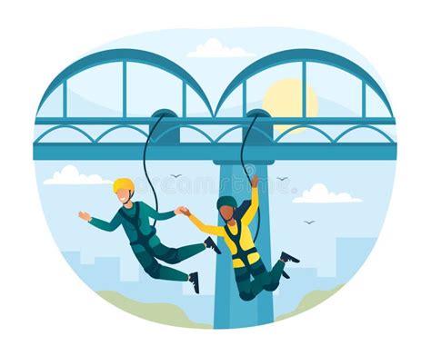 Happy Characters Is Bungee Jumping From A Bridge Stock Vector