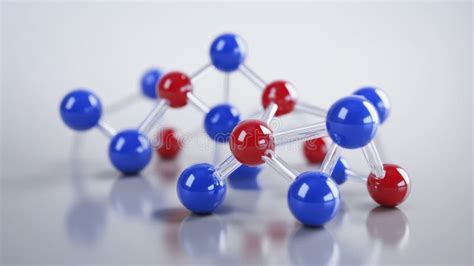 Abstract Molecular Model Interconnected Blue And Red Spheres On Reflective White Surface Stock