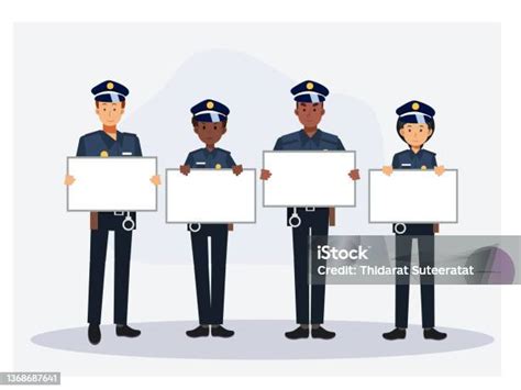 경찰 그룹은 빈 기호를 들고있다여기에 텍스트 플랫 벡터 2d 만화 캐릭터 일러스트레이션 경찰관에 대한 스톡 벡터 아트 및 기타 이미지 경찰관 공란 나름 Istock