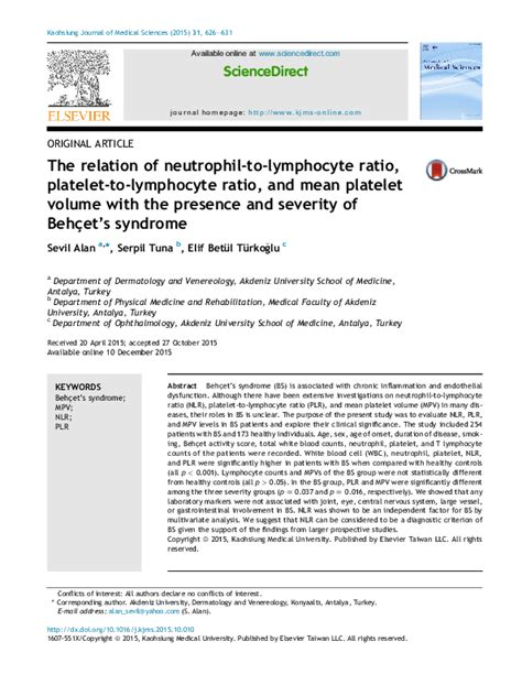 Pdf The Relation Of Neutrophil To Lymphocyte Ratio Platelet To Lymphocyte Ratio And Mean