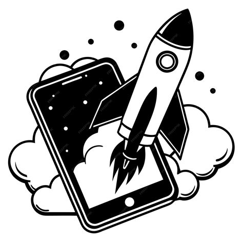 Space Rocket Vector Drawing In A Flat Linear Style With Clouds And