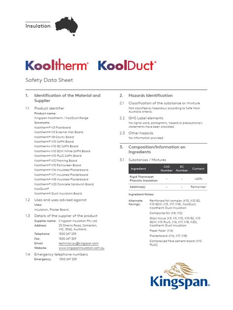 Kingspan Kooltherm Koolduct Safety Datasheet En Au Pdf