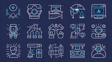 AI Artificial Intelligence Blue Line Icon Set With Cybernetic Machine Learning Robotic AI