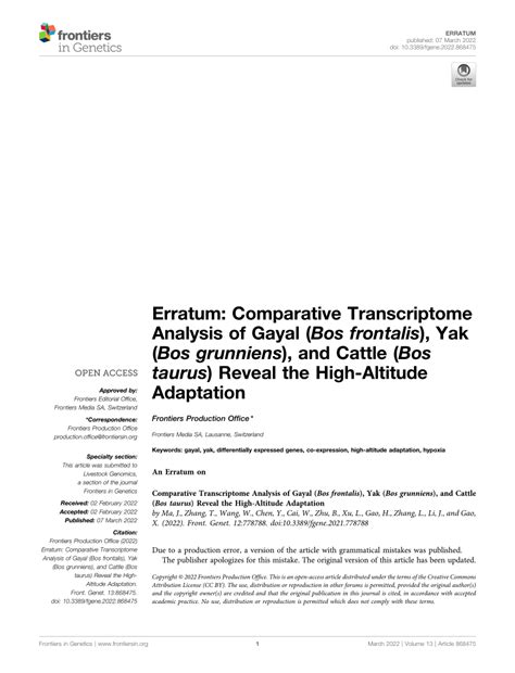 Pdf Erratum Comparative Transcriptome Analysis Of Gayal Bos