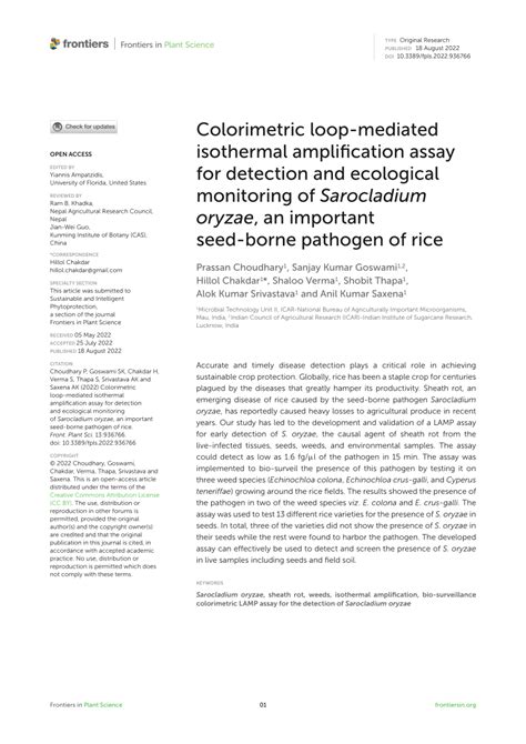 Pdf Colorimetric Loop Mediated Isothermal Amplification Assay For Detection And Ecological