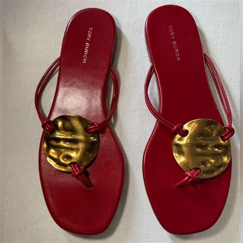 Tory Burch Shoes Tory Burch Red Leather Gold Medallion Thong Flat