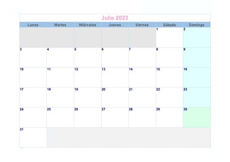 Calendario Julio 2023 Para Imprimir Word