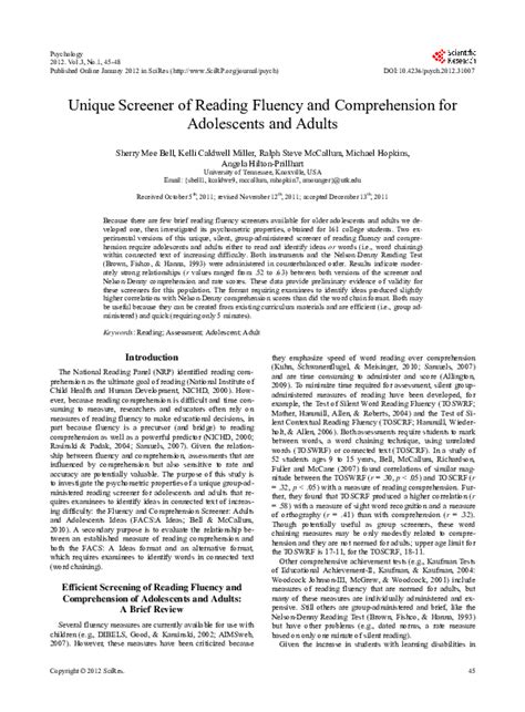 Pdf Unique Screener Of Reading Fluency And Comprehension For Adolescents And Adults