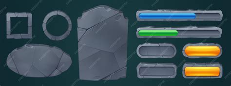 스톤 프레임 및 락 보드 게임 Ui 만화 벡터 중세 명판 및 로드 진행률 표시줄 디자인 템플릿 균열 질감이 있는 메뉴에 대한 격리된 간판 블록 Gui 빈 정보 플레이트