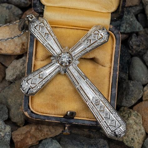 Vintage Diamond Cross Pendant Necklace 18k White Gold