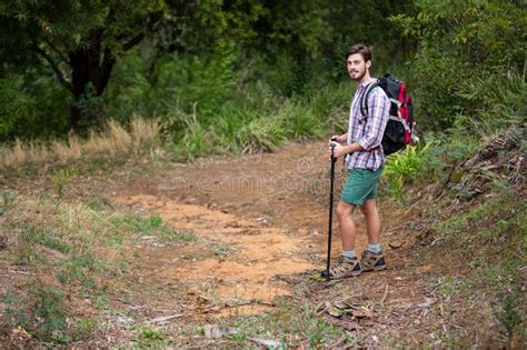 Male Hiker Standing On Forest Trail Using Trekking Pole And Wearing