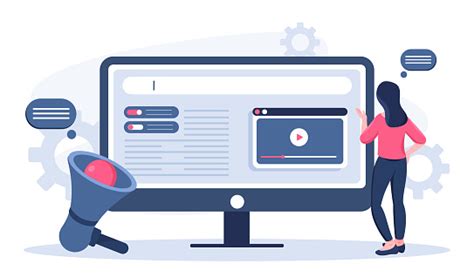 마케터 온라인 컨셉 컴퓨터 모니터 근처에 확성기를 가진 여자 인터넷 홍보 및 마케팅 직장의 Smm 및 Seo 전문가 온라인 비즈니스 평면 벡터 일러스트 레이 션 그래프에