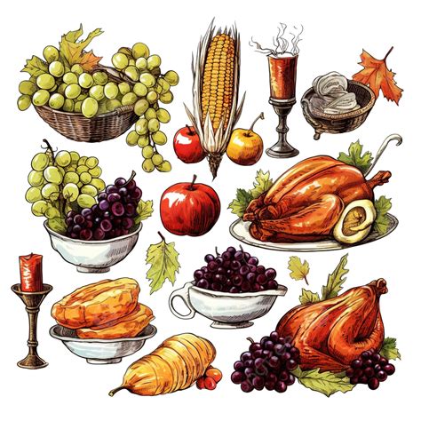 아름다운 벡터 손으로 그린 그림 추수 감사절 음식 추수 감사절 음식 가을 음식 칠면조 저녁 식사 Png 일러스트 및 이미지
