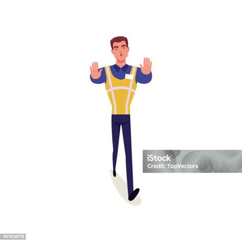 높은 시정 제복을 입은 교통 경찰 조끼 서 고 그만 손 제스처 작업 벡터 일러스트 레이 션에서 경찰관 캐릭터를 보여주는 거리에