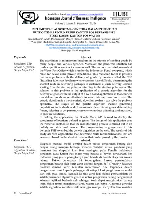 PDF IMPLEMENTASI ALGORITMA GENETIKA DALAM PENENTUAN RUTE OPTIMAL UNTUK KURIR KANTOR POS