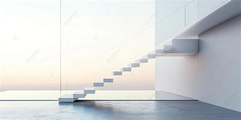 Bright Modern Interior With White Stairs And Glass Railings Leading To
