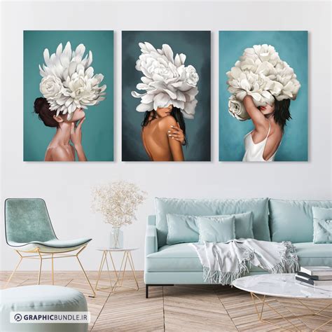 ست سه تابلوی گرافیکی با طرح دختر و گلهای روی سر