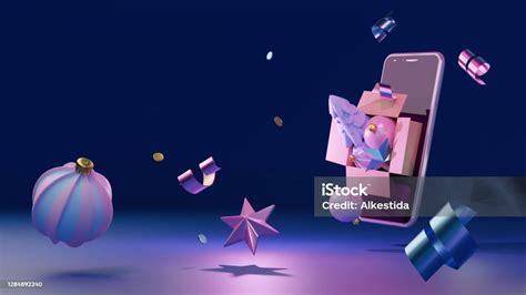 스마트 폰 화면에서 날아 오는 골판지 상자는 진한 파란색 배경에 크리스마스 볼 별 색종이가 떨어지는 3d 일러스트레이션을 보여