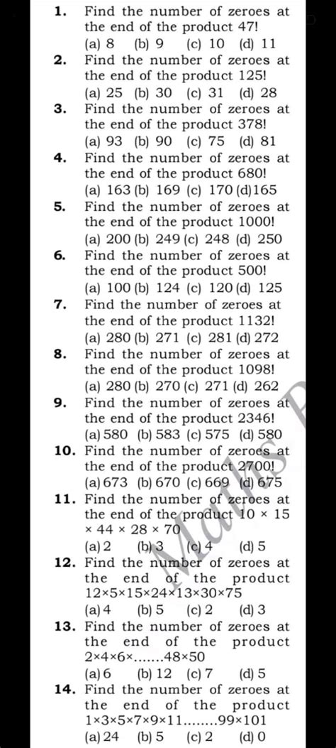 Find The Number Of Zeroes At The End Of The Product 47 A 8 B 9 C