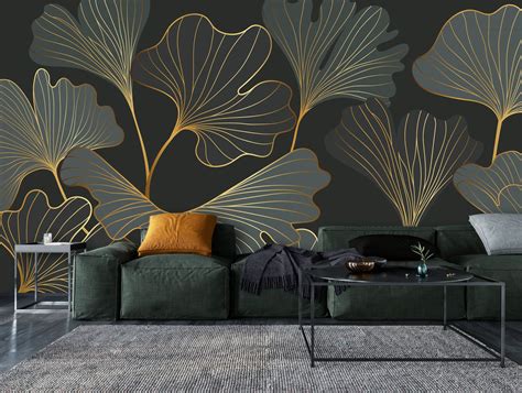 Wallpaper Floral Large Yellow And Grey Leaves Wall Art Mural Etsy