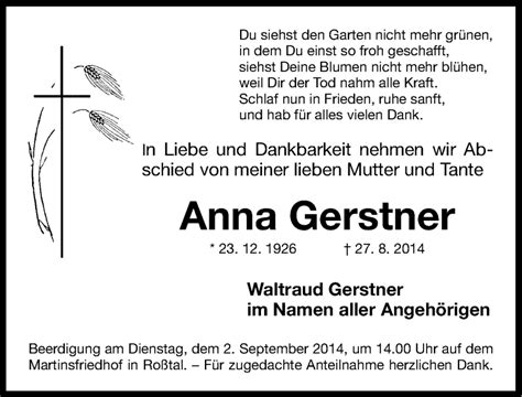 Traueranzeigen Von Anna Gerstner Trauer Nn De