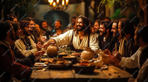 Jesus And His Disciples Sharing A Meal Together Premium Ai Generated