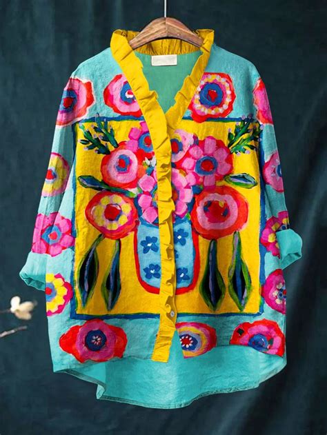 Womens Vintage Abstract Floral Art Print Casual Cotton And Linen