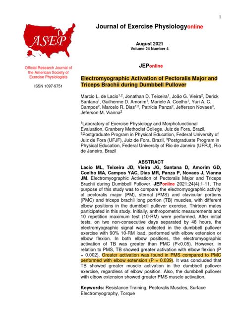 Electromyographic Activation Of Pectoralis Major And Triceps Brachii Pdf Anatomy Physiology