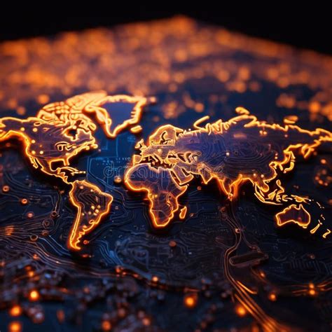 digital world map overlays a dark intricate circuit board symbolizing