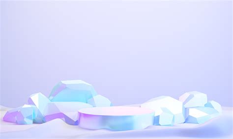 스톤 홀로그램 컬러 포디엄 디스플레이 배경 핑크 블루 라이트 와 천 바닥 보라색 테마 3d 일러스트 렌더링 0명에 대한 스톡