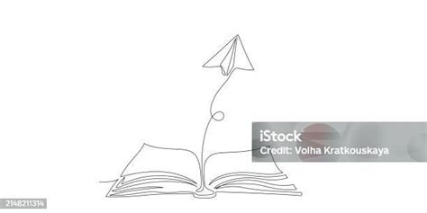 펼쳐진 책과 날아다니는 종이비행기의 연속적인 한 줄의 그림 학교 교육 연구를 위한 콘텐츠의 한 줄 그리기 흰색 배경에 벡터 일러스트 레이 션 손으로 그린 선형 예술 그림