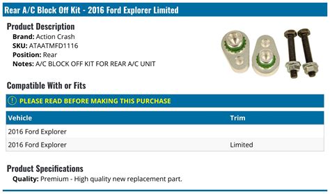 2016 Ford Explorer Ac Block Off Kit Action Crash Ataatmfd1116 Rear