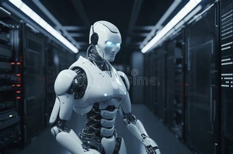 3d Rendering Humanoid Robot Working In Data Center Room Or Server Room Stock Illustration