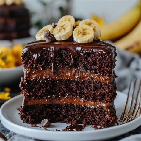Slice Of Chocolate Banana Cake With Banana Slices Chocolate Drizzle