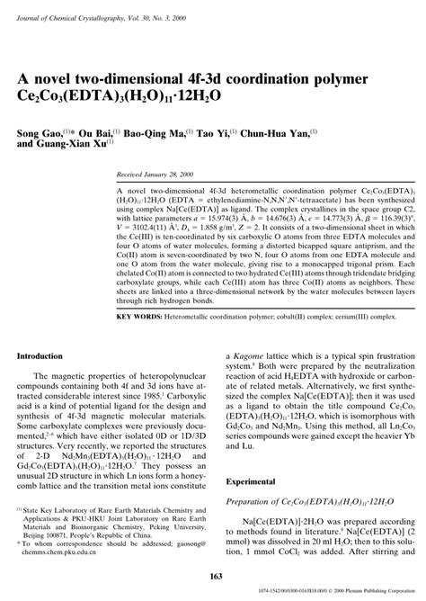 Pdf A Novel Two Dimensional 4f 3d Coordination Polymer Ce2co3 Edta 3 H2o 11 Center Dot 12h 2 O