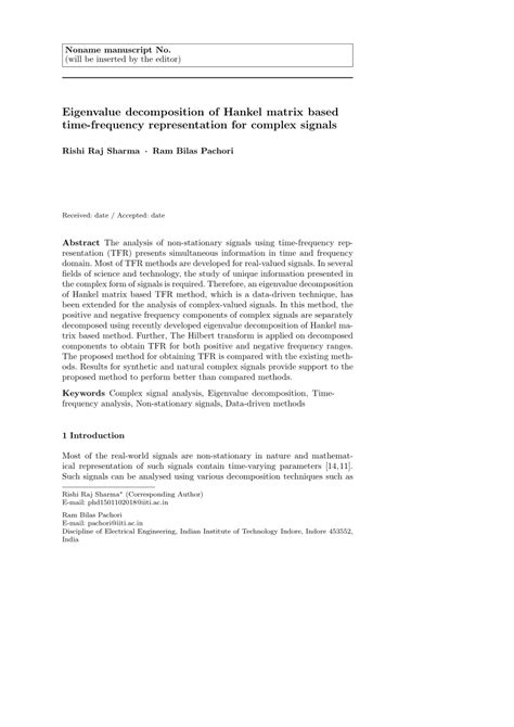 Pdf Eigenvalue Decomposition Of Hankel Matrix Based Time Frequency Representation For Complex
