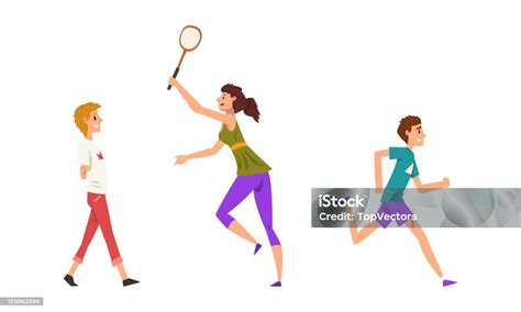 사람들 야외 활동 세트 배드민턴을 재생 하는 젊은 남자와 여자 걷기와 조깅 만화 벡터 일러스트 개체 그룹에 대한 스톡 벡터 아트 및 기타 이미지 Istock