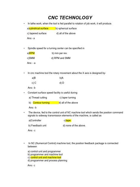 cnc technology mcq pdf numerical control machining