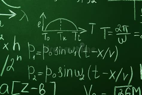 many different math formulas written on chalkboard closeup stock image